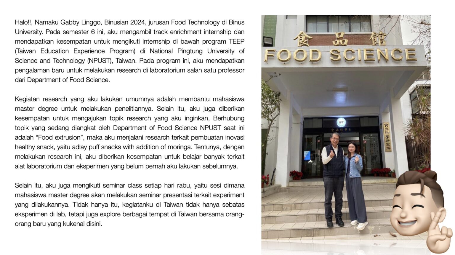 Pengalaman Gabby mahasiswa Food Technology BINUS mengikuti internship ...